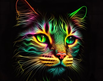 Digitally Created Neon Cat Print., Digital Print, Instant Download ...