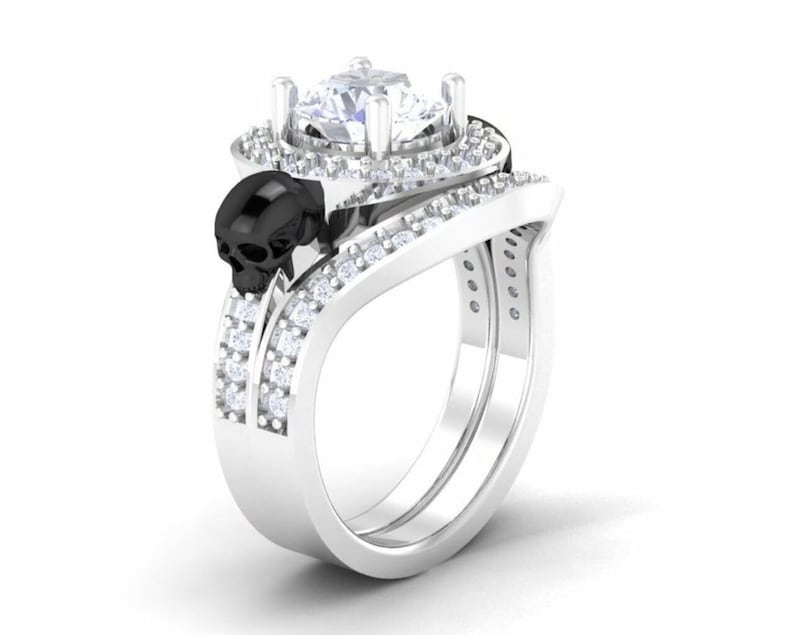 Two Tone Gothic Style Black Skull Engagement Wedding Ring Set, Promise ...