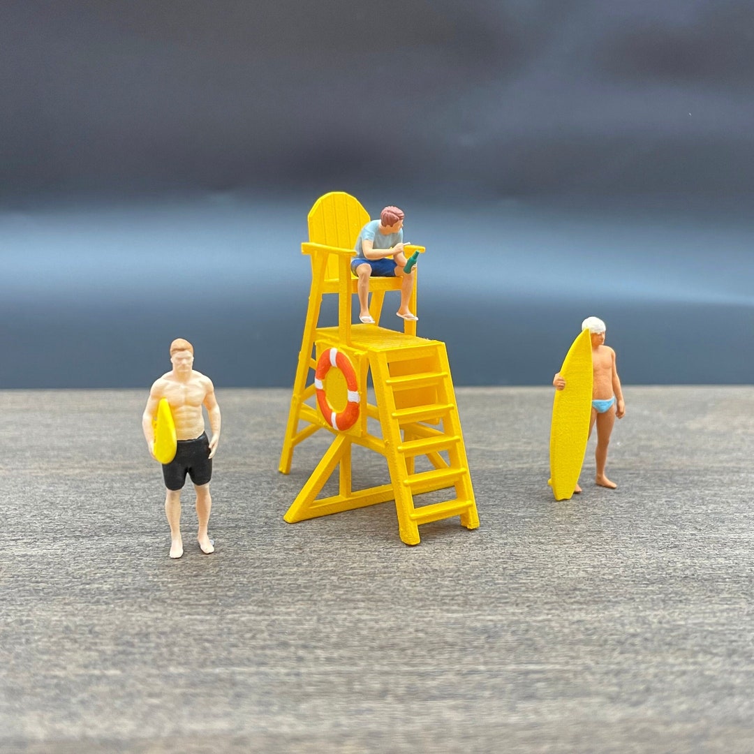 Lifeguard Chair and Tanned Surfer Dude With Surfboard. Miniature Human ...