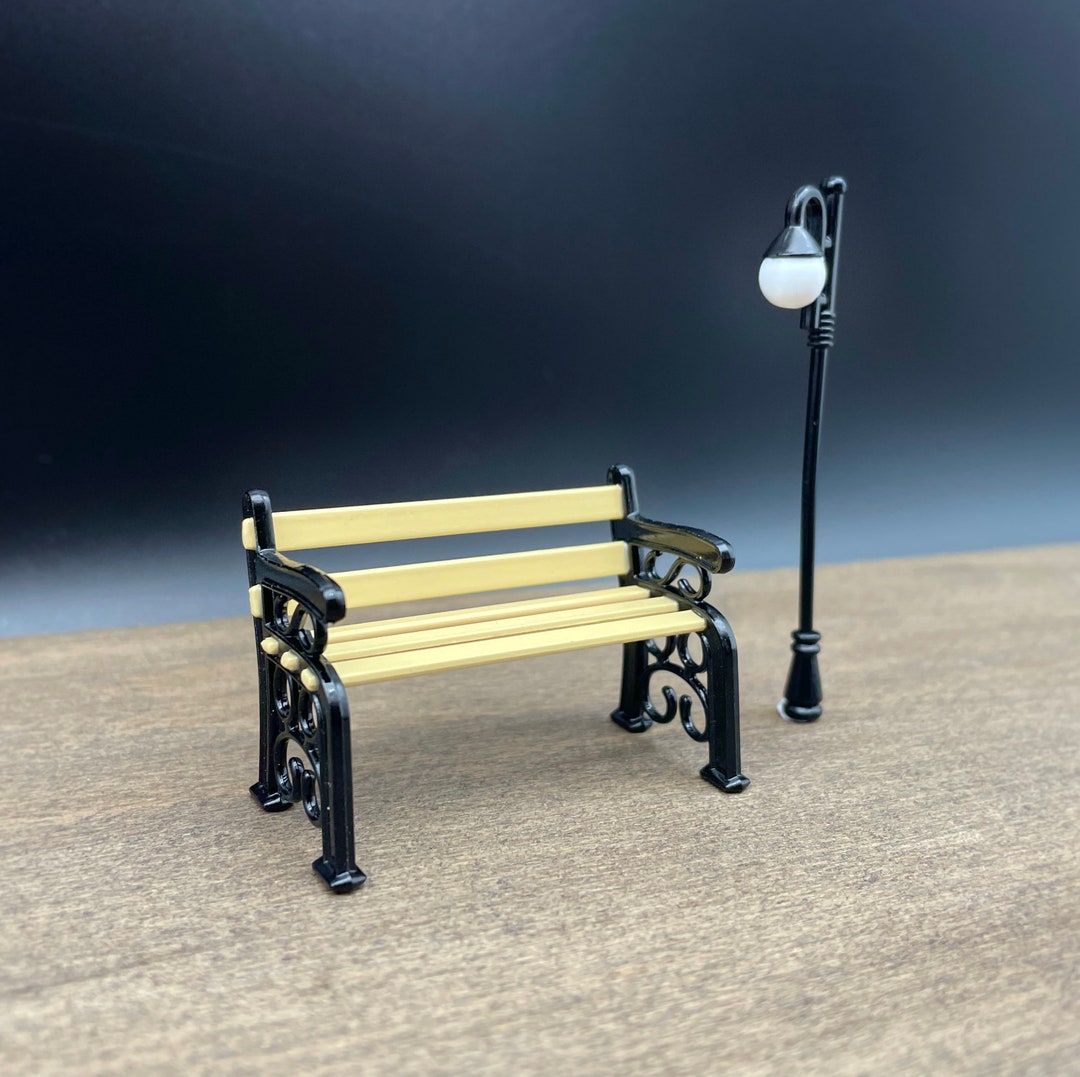 Miniature Lamp Post & Black Bench, Metal and Wood. Dollhouse Accessory ...