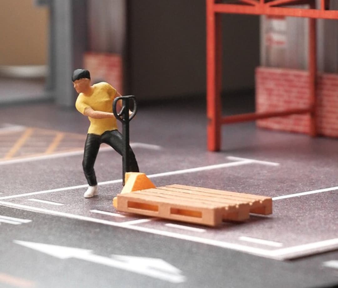 Miniature Worker With Pallet and Truck Figures. Warehouse Fork Trolley ...