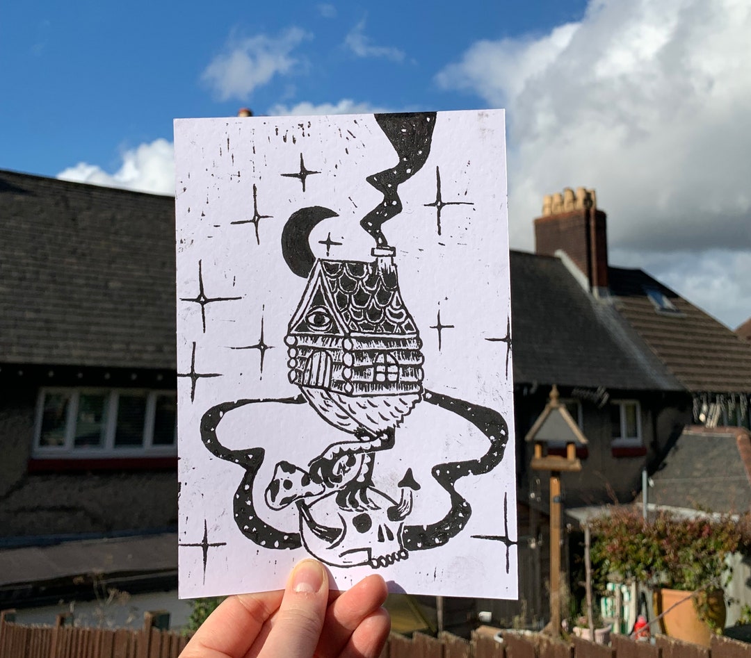 Baba Yaga Original Lino Print A5 Unframed Jaga Lino Cut Forest Witch of ...