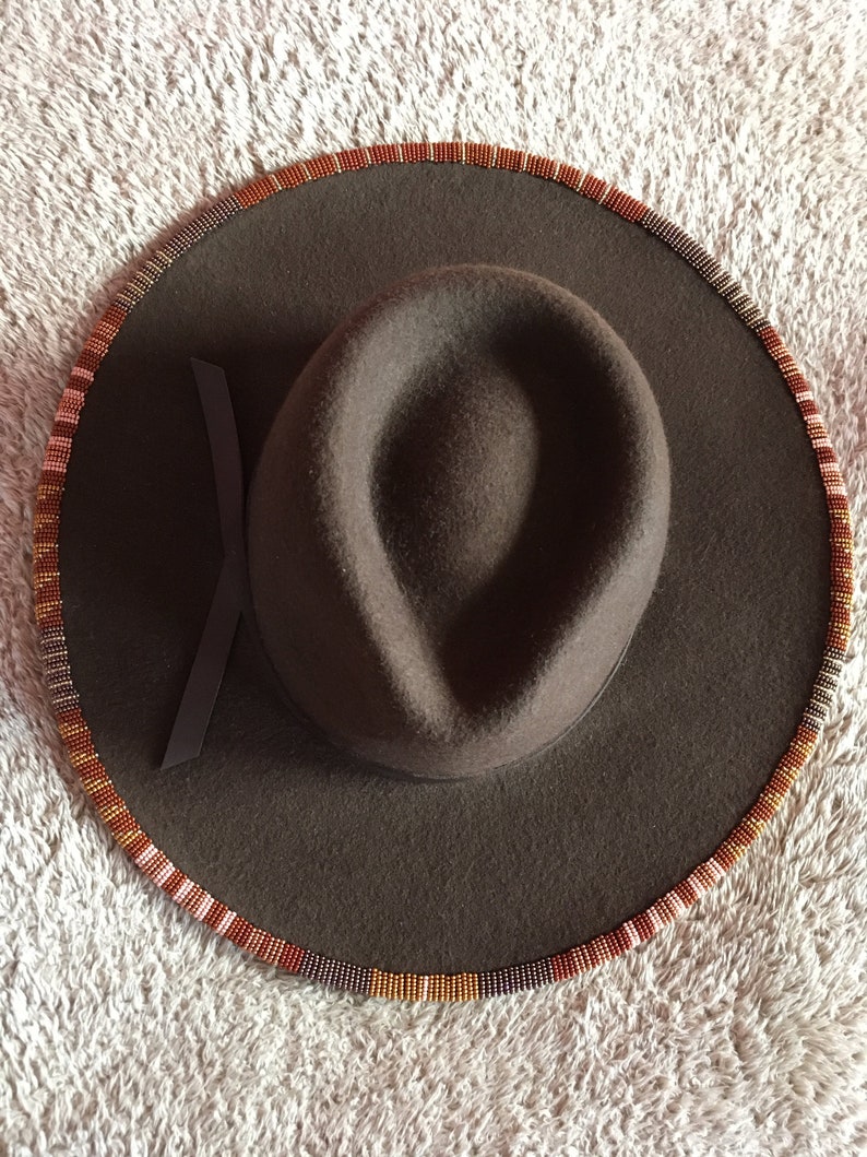 Beaded Wide-brim Fedora 100% Wool Hat, Southwestern, Brown - Etsy