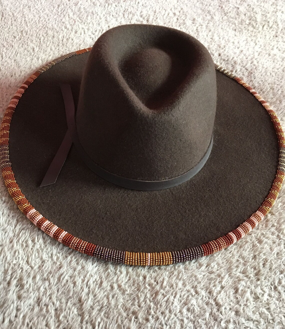 Beaded Wide-brim Fedora 100% Wool Hat, Southwestern, Brown - Etsy