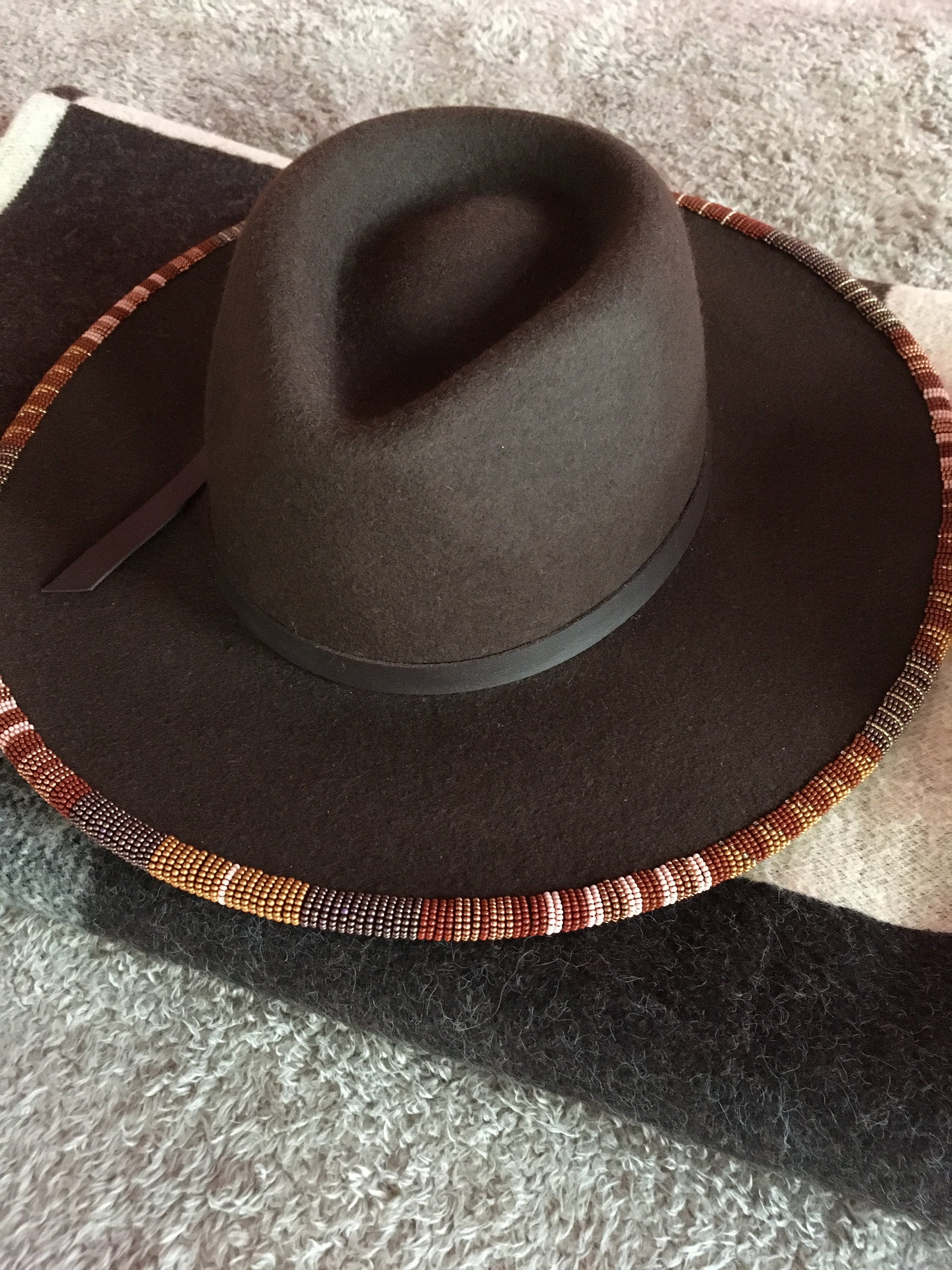Beaded Wide-brim Fedora 100% Wool Hat, Southwestern, Brown - Etsy