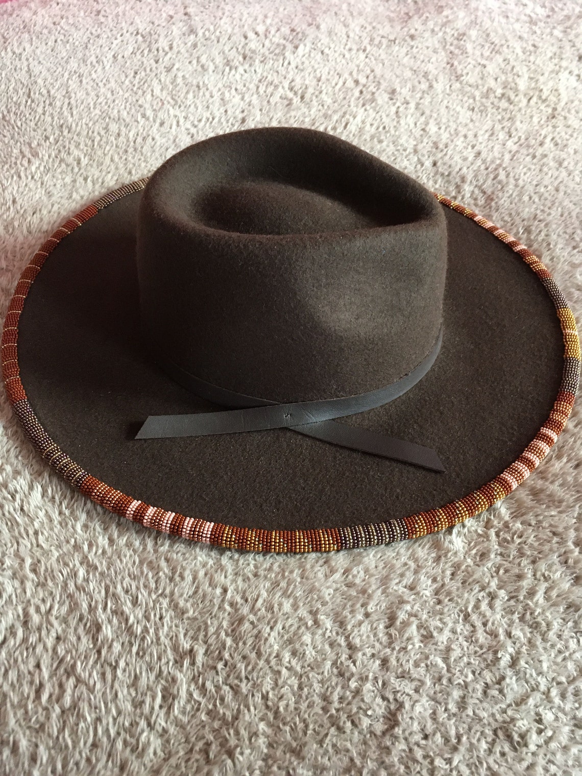 Beaded Wide-brim Fedora 100% Wool Hat, Southwestern, Brown - Etsy