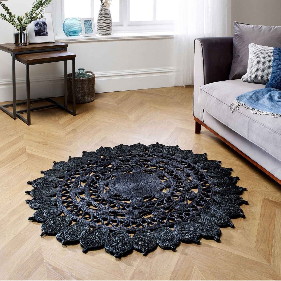Oriental Zarla Black Round Jute Rug Handcrafted From 100% Jute - Etsy