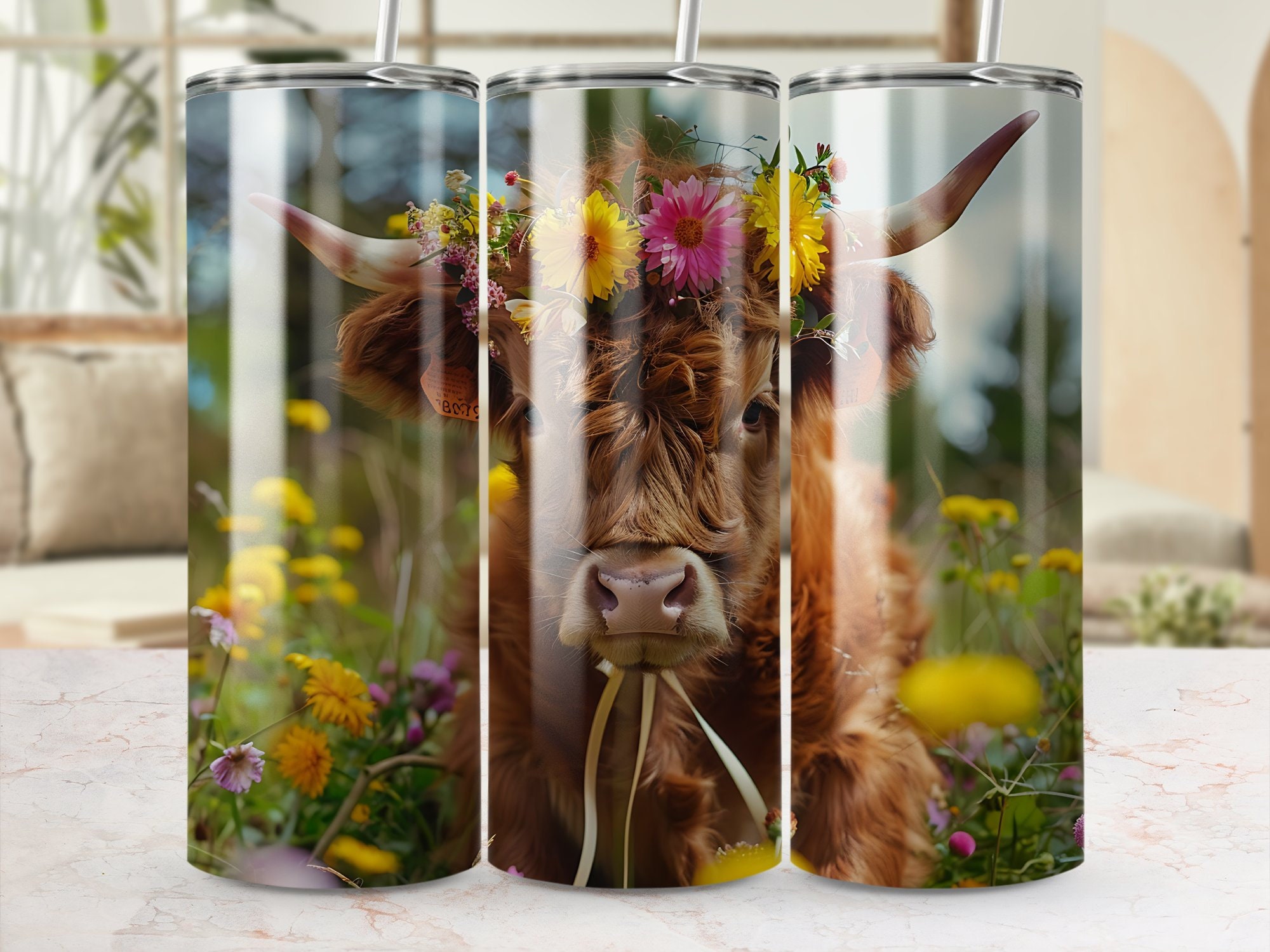 Highland Cow Tumbler, Floral Crown Cattle, Insulated Travel Cup, Rustic ...