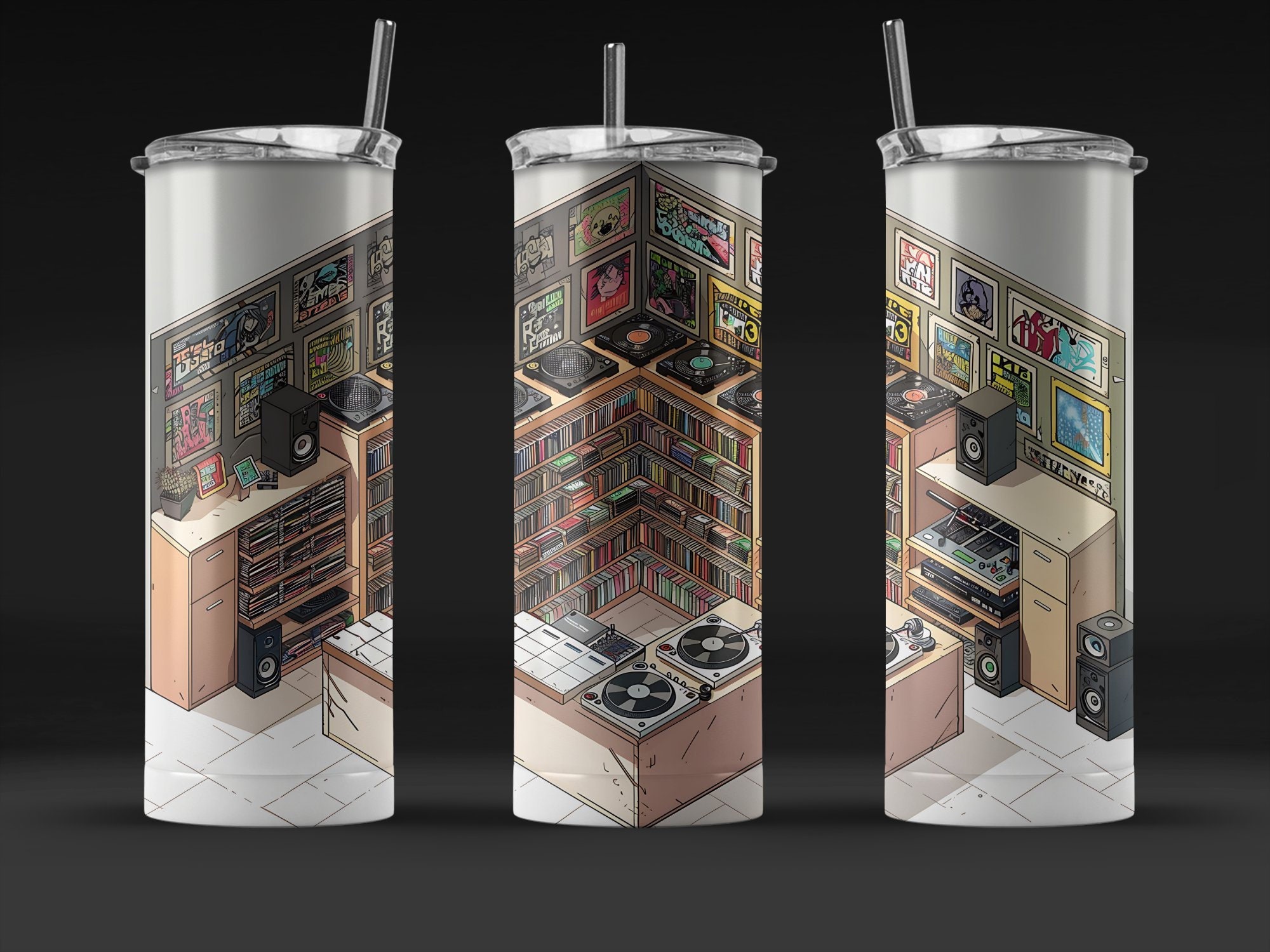 Retro DJ Booth Tumbler Design, Vinyl Records and Turntable 20 Oz ...
