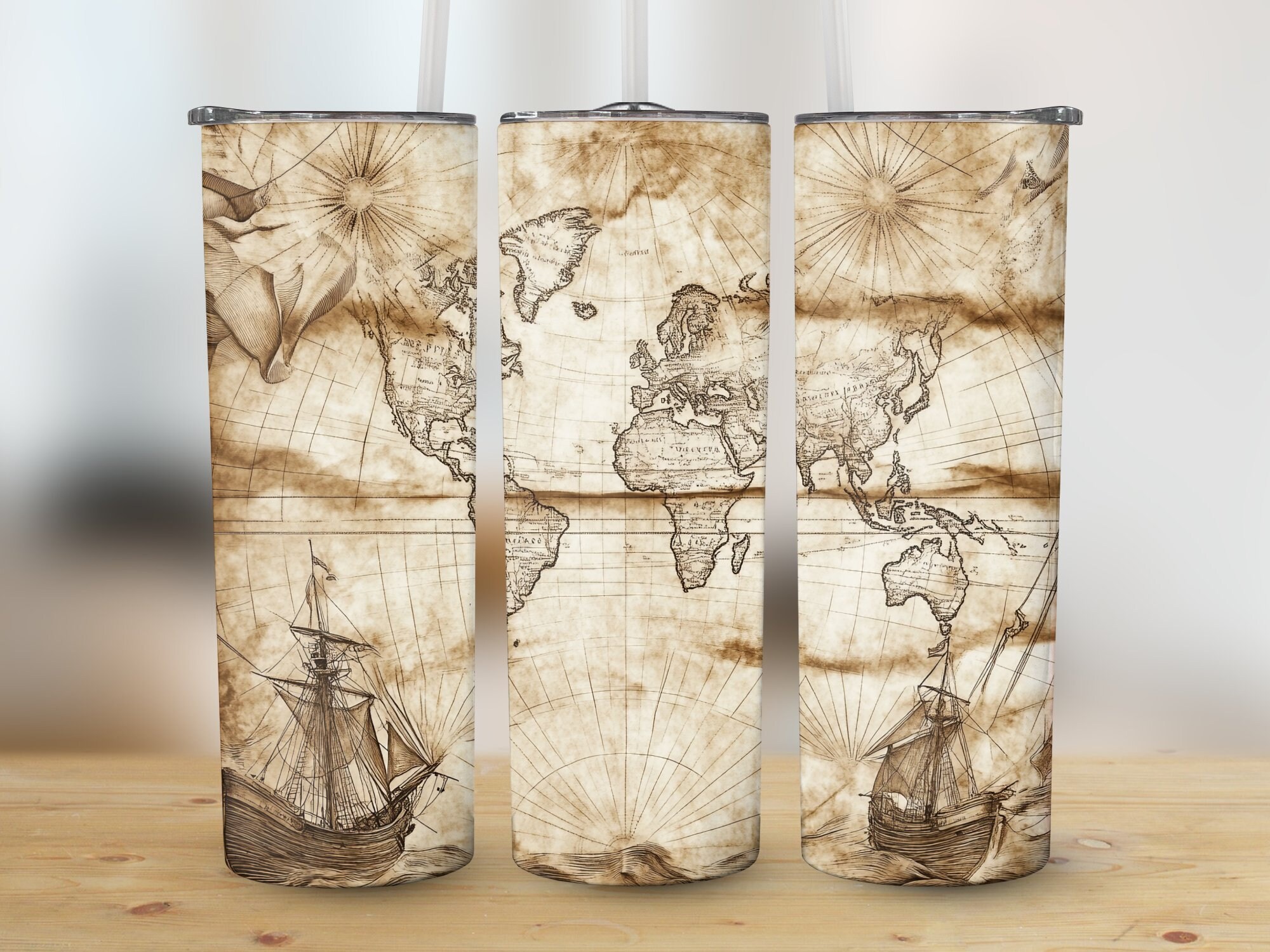 Vintage World Map Design, Old World Map Tumbler Art, Nautical Map ...