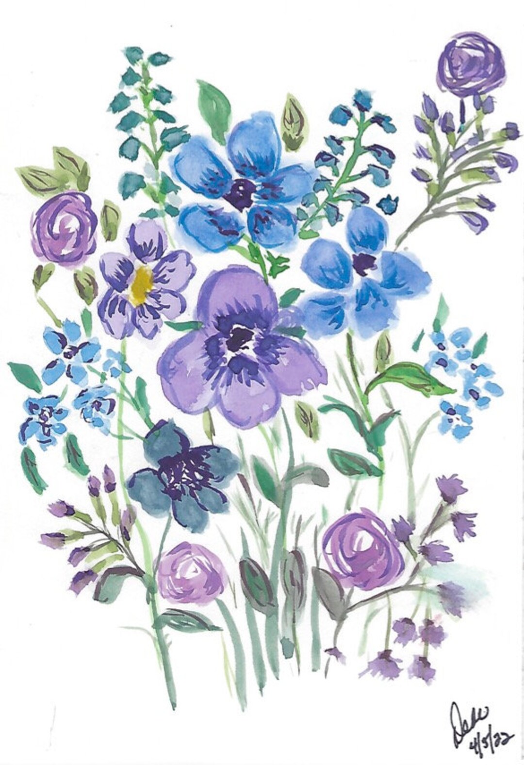 Purple and Blue Flowers // Watercolor - Etsy