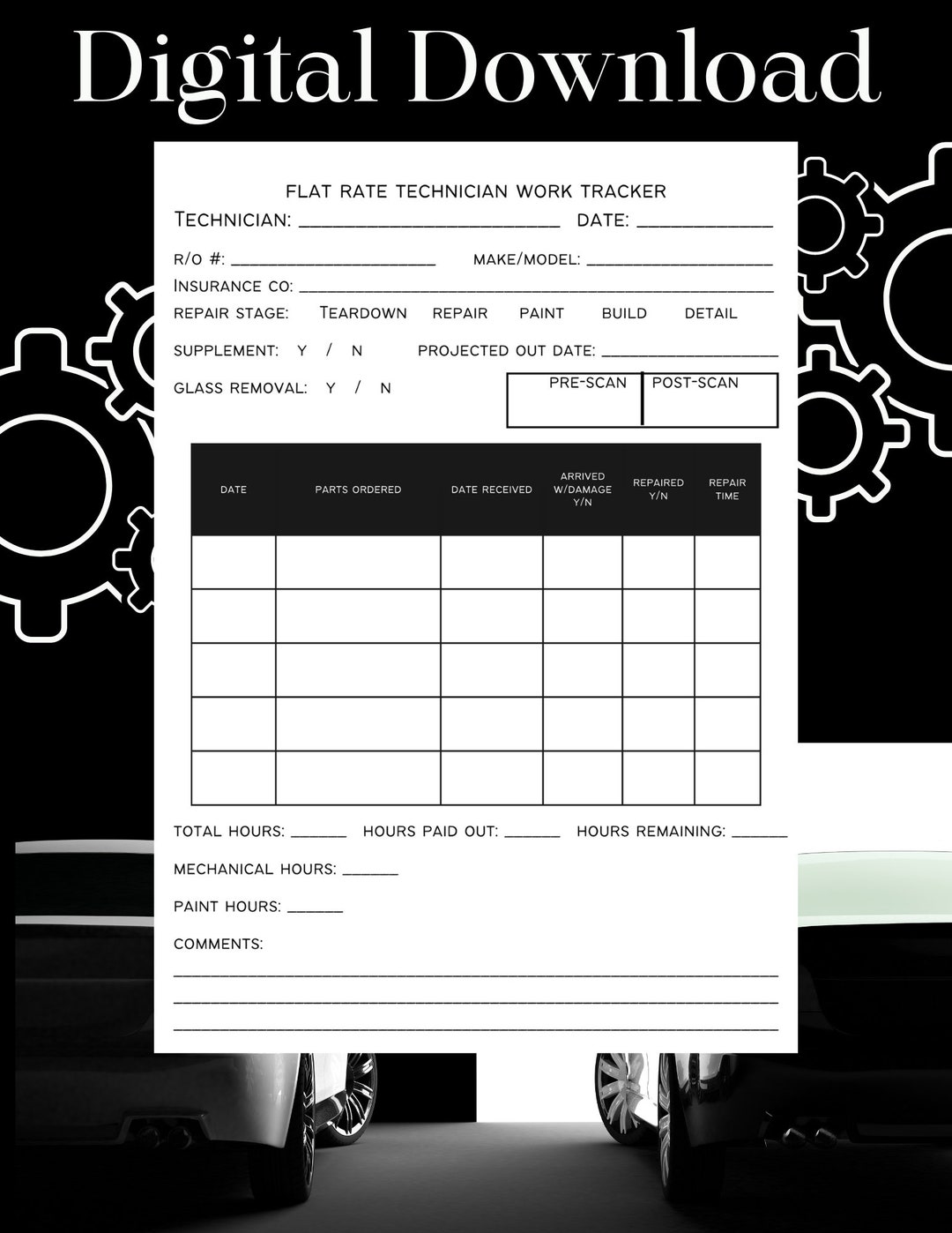 Flat Rate Technician Work Tracker | Digital Download | Car Guy ...