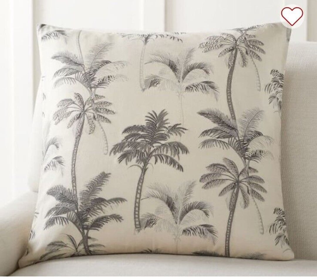 Pottery Barn Embriodered Palm Tree Pillow Covers 22 X 22 Grey Flax ...