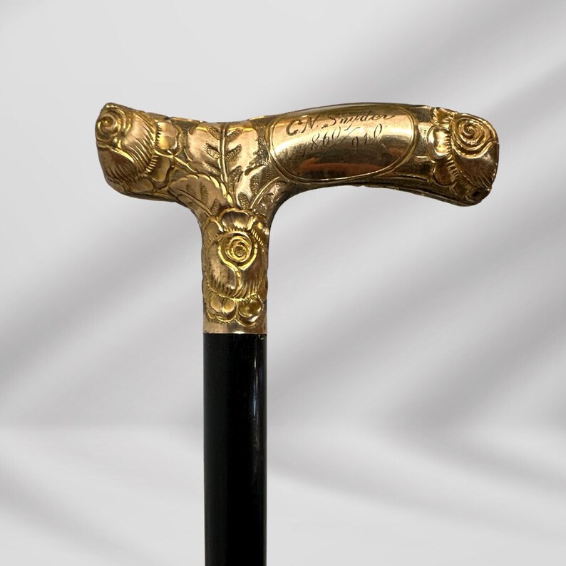 Antique 1860 Walking Stick. Black Cane With Carved Gold-plated Knob ...