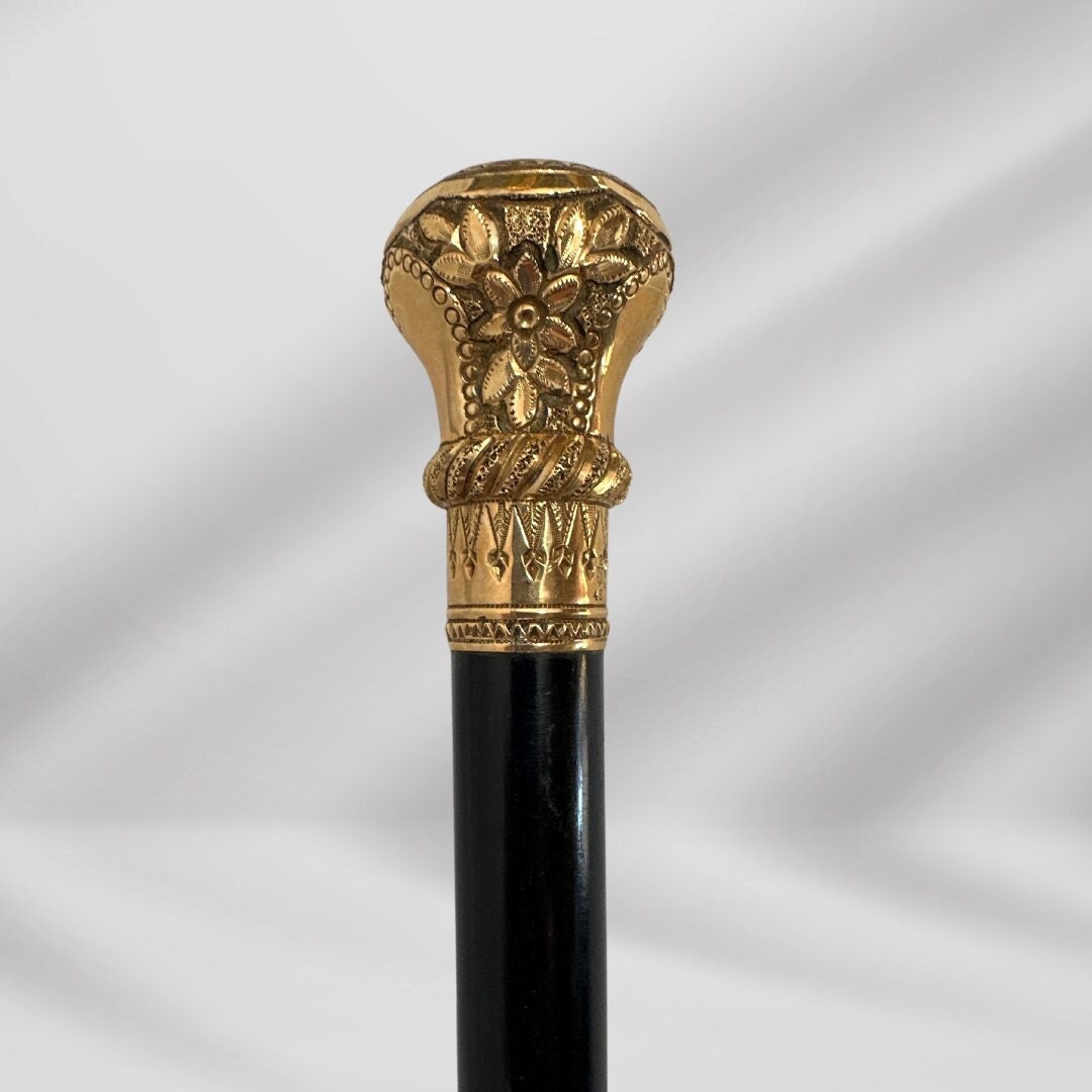 Antique Carved Gold Plate Knob Handle Walking Stick Cane Black - Etsy