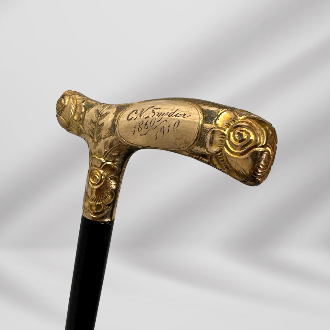Antique Carved Gold Plate Handle Skinner Walking Stick Cane Black ...