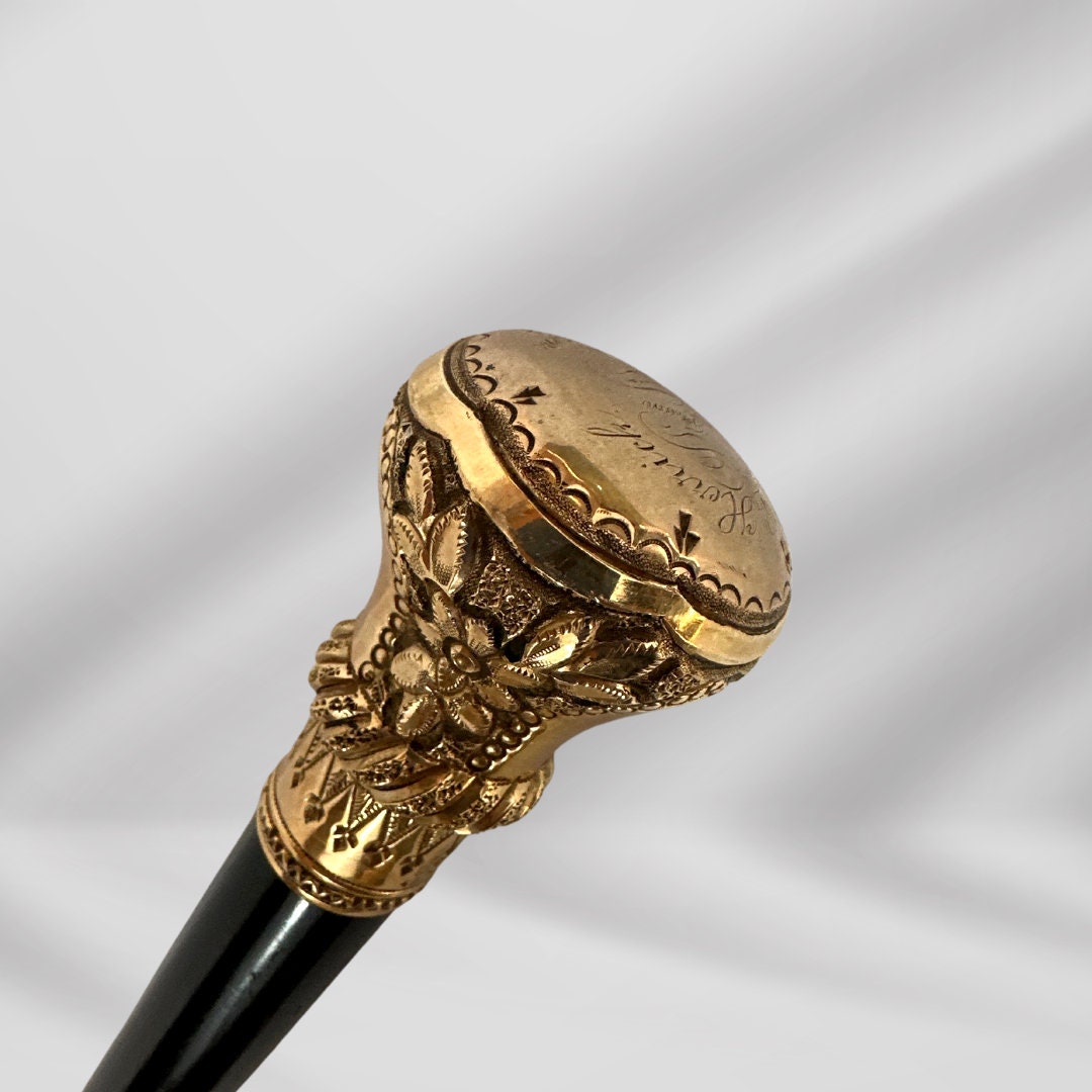 Antique Carved Gold Plate Knob Handle Walking Stick Cane Black - Etsy