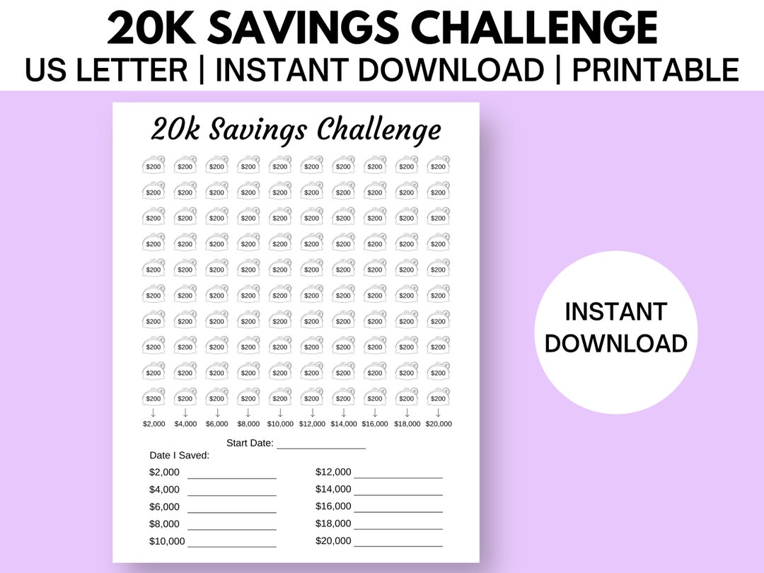 20k Savings Challenge Printable, 20000 Challenge, Money Savings Tracker ...