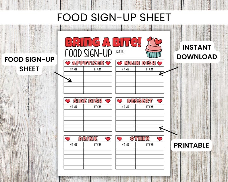 Valentine's Day Food Sign up Sheet, Potluck Signup Sheet, Office Work ...