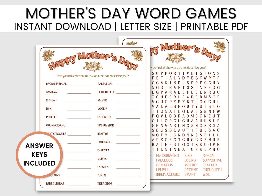 Mothers Day Word Games Printable Retro, Word Search Game, Word Scramble ...
