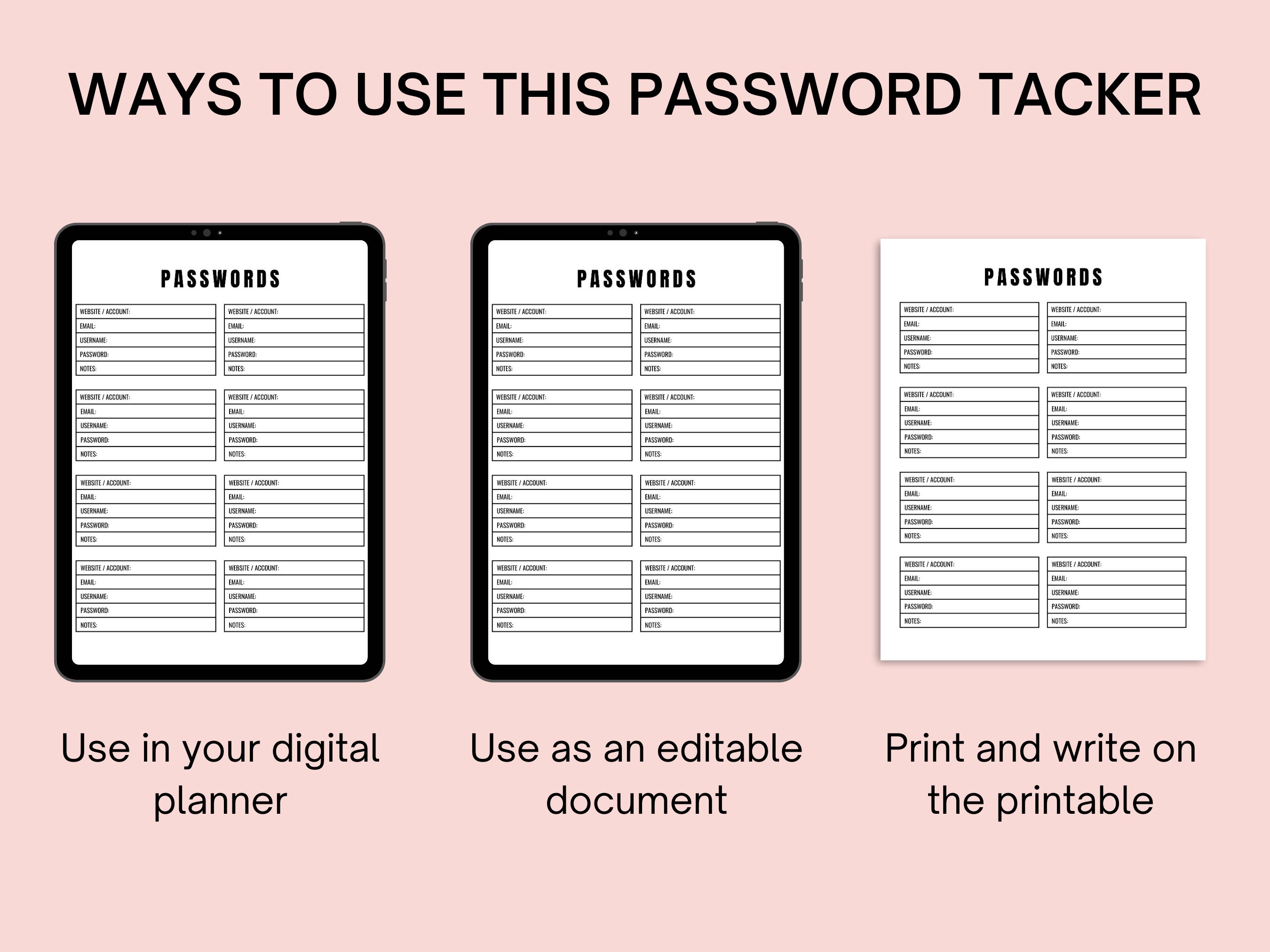 Password Tracker Printable PDF, Password Log, Password Keeper, Password ...