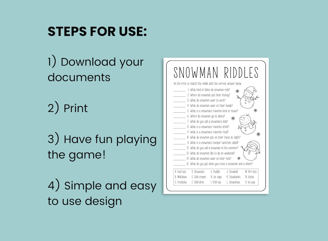 Snowman Riddles, Winter Activities Printable, Riddle Me This, Game for ...