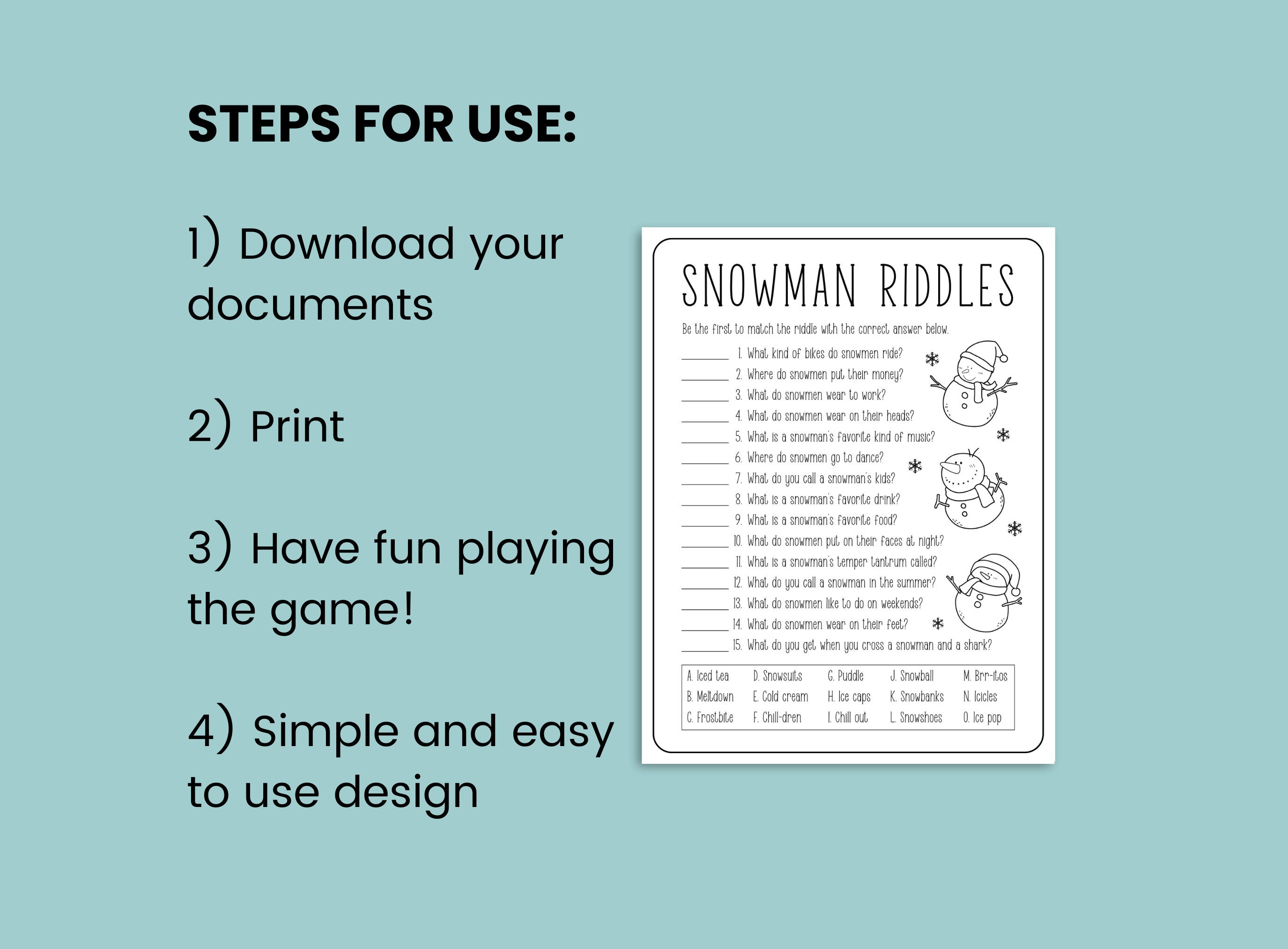 Snowman Riddles, Winter Activities Printable, Riddle Me This, Game for ...