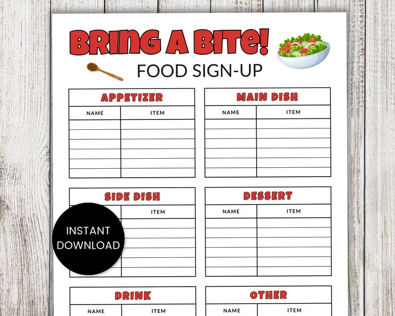 Food Sign up Sheet, Potluck Signup Sheet, Office Work Party ...