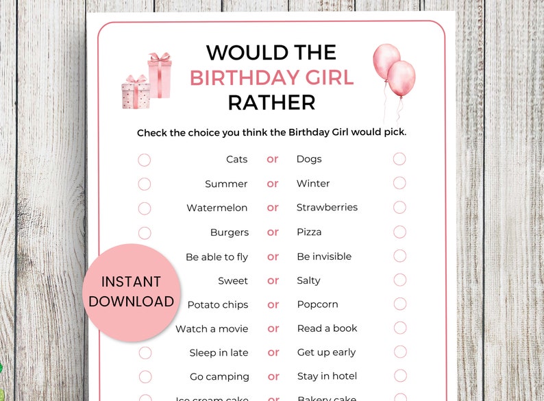 Would the Birthday Girl Rather Game Printable, Birthday Party Games ...
