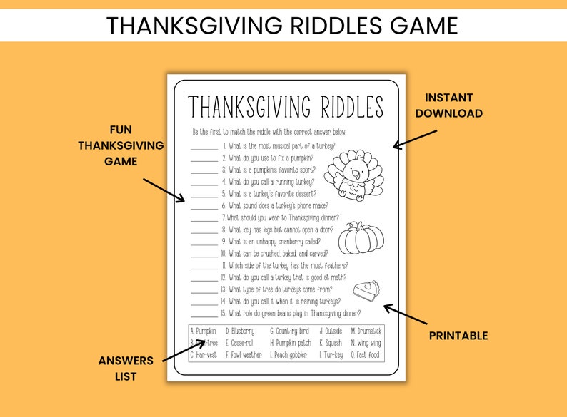 Thanksgiving Riddles With Answers, Riddle Me This, Game for Kids, Game ...