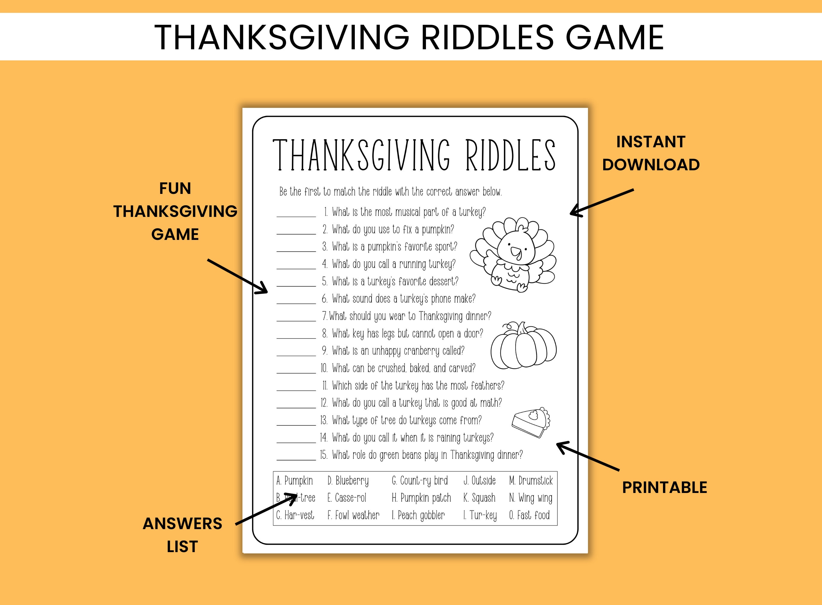 Thanksgiving Riddles With Answers, Riddle Me This, Game for Kids, Game ...