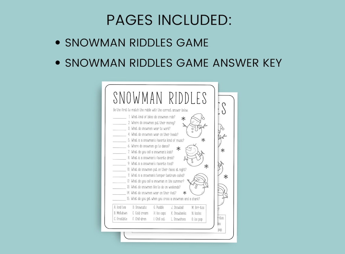 Snowman Riddles, Winter Activities Printable, Riddle Me This, Game for ...