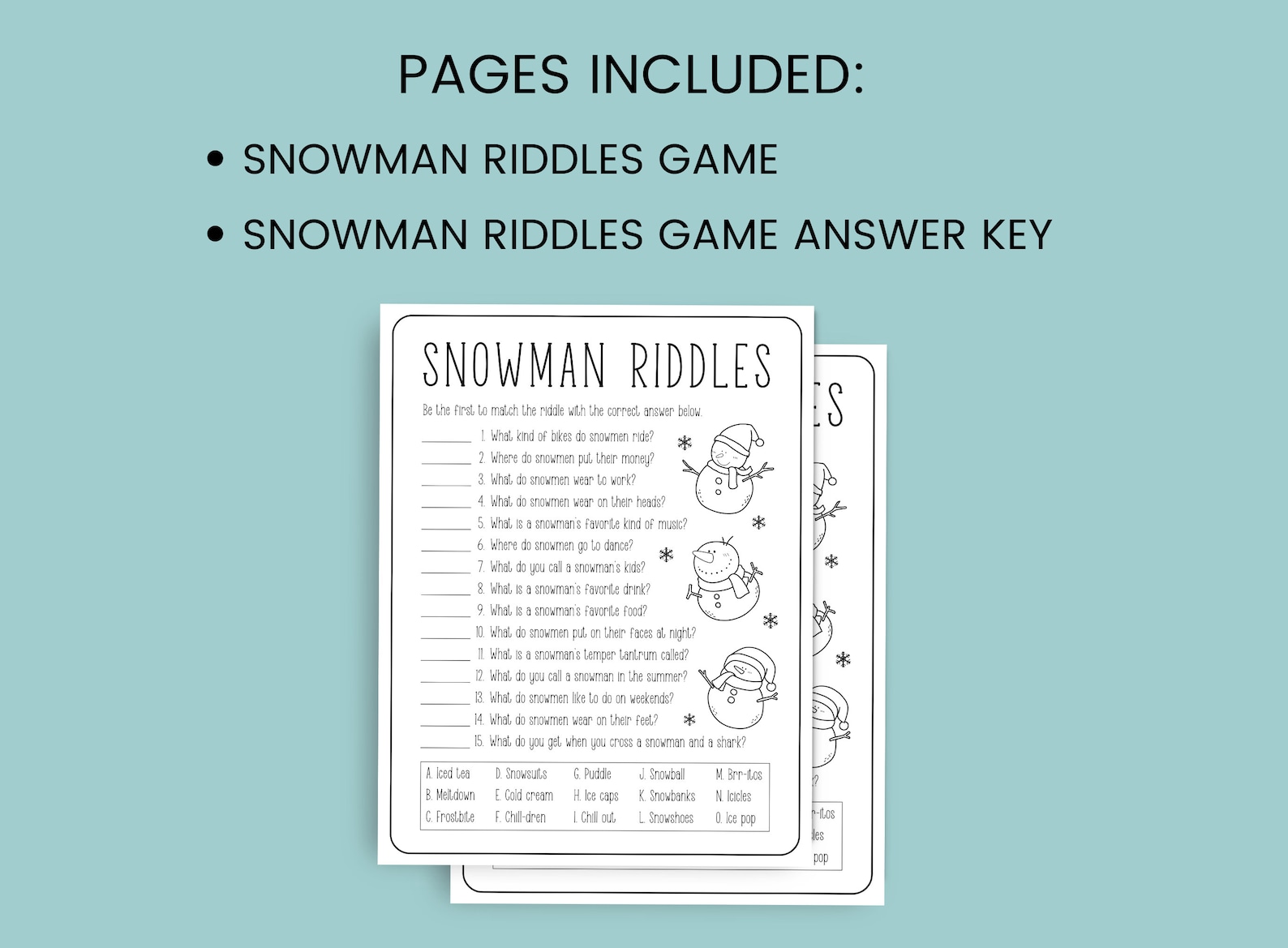 Snowman Riddles, Winter Activities Printable, Riddle Me This, Game for ...