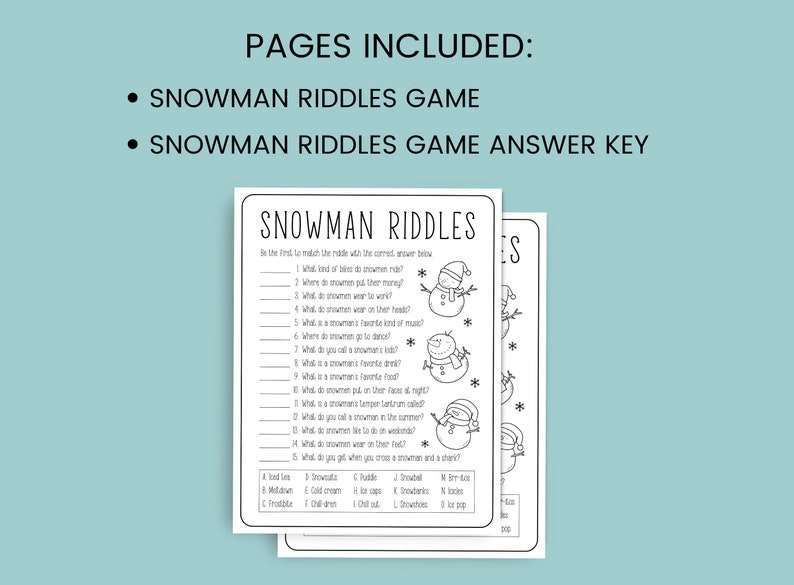 Snowman Riddles, Winter Activities Printable, Riddle Me This, Game for ...