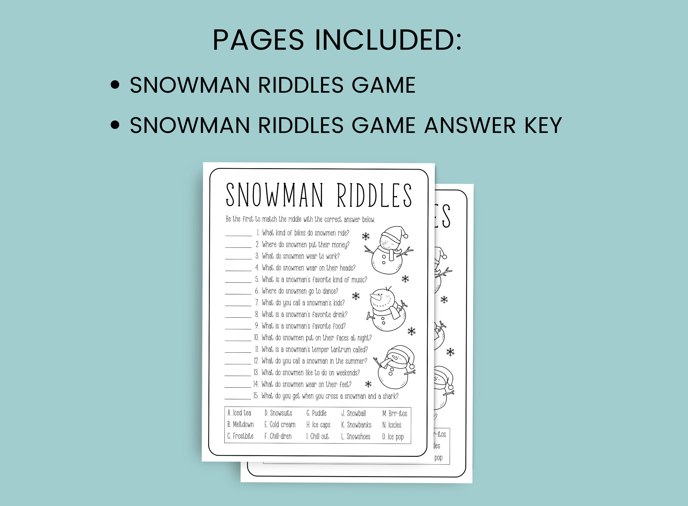 Snowman Riddles, Winter Activities Printable, Riddle Me This, Game for ...