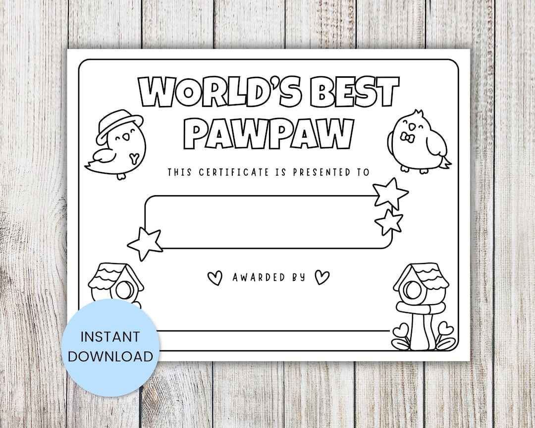 World's Best Pawpaw Award Coloring Page, Grandparent's Day Activity for ...