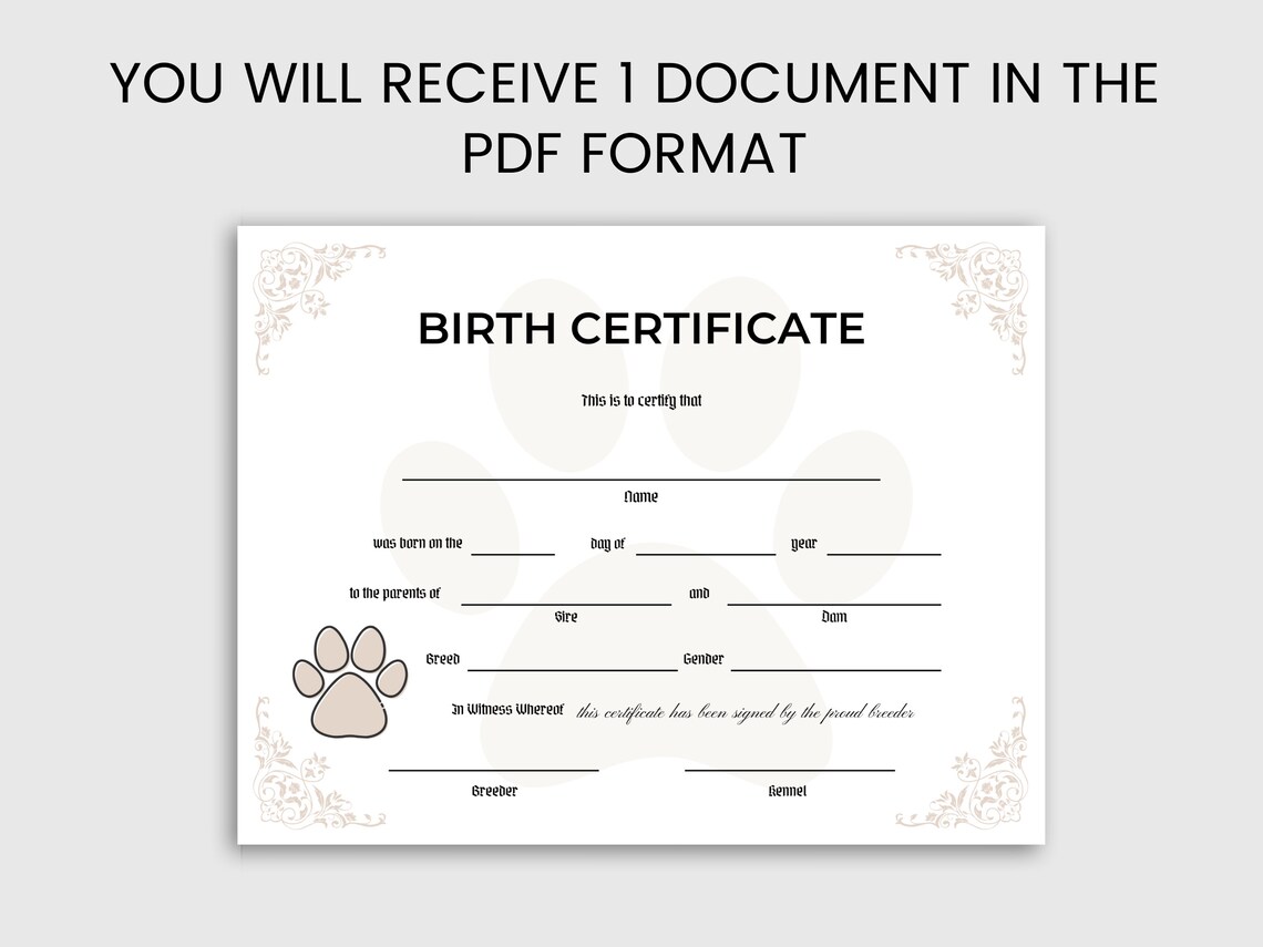 Puppy Birth Certificate, Dog Certificate, New Puppy Gift, Puppy Record ...