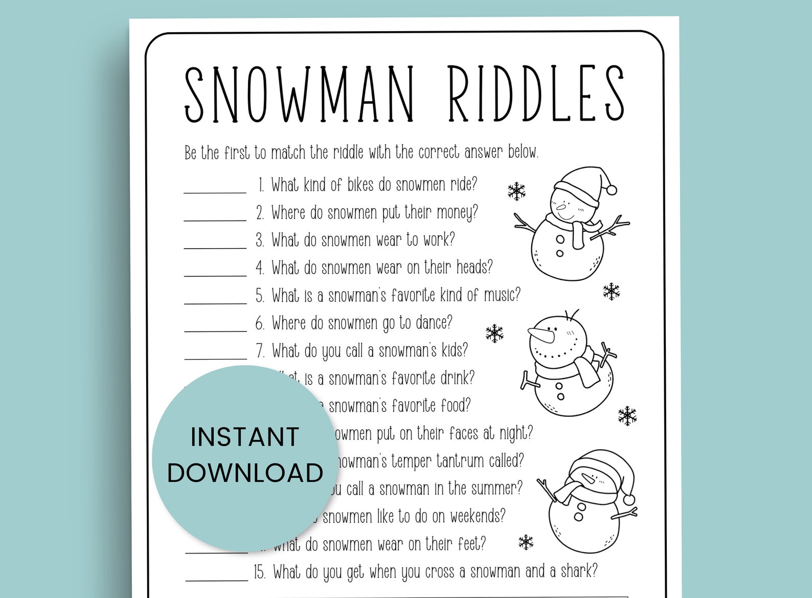Snowman Riddles, Winter Activities Printable, Riddle Me This, Game for ...