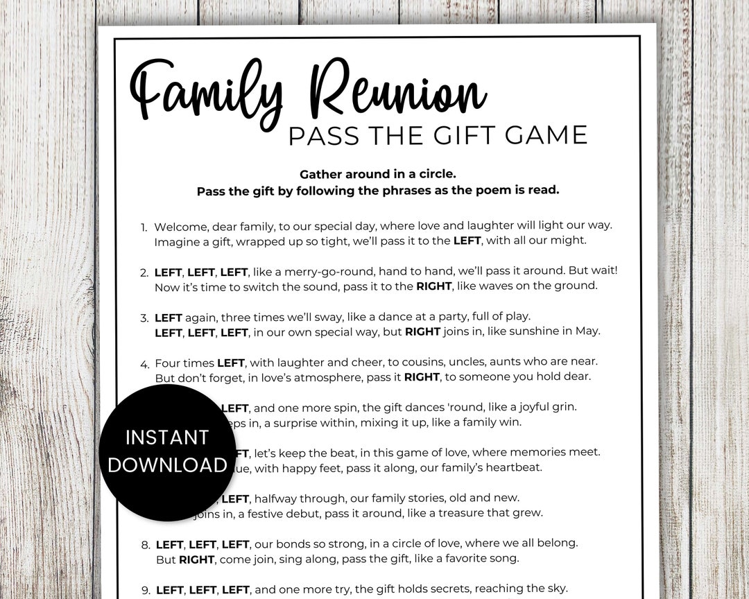 Family Reunion Games, Pass the Gift, Left Right Poem, Reunion Activity ...