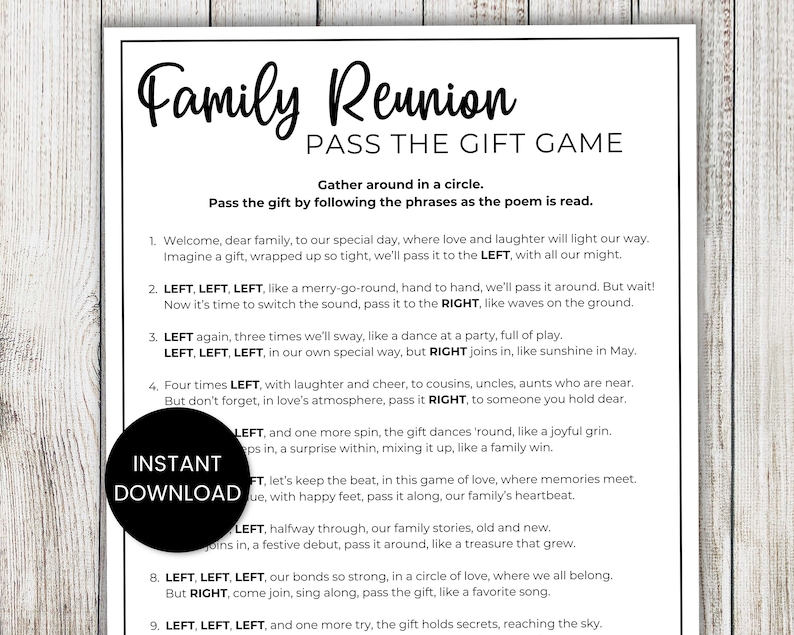 Family Reunion Games, Pass the Gift, Left Right Poem, Reunion Activity ...