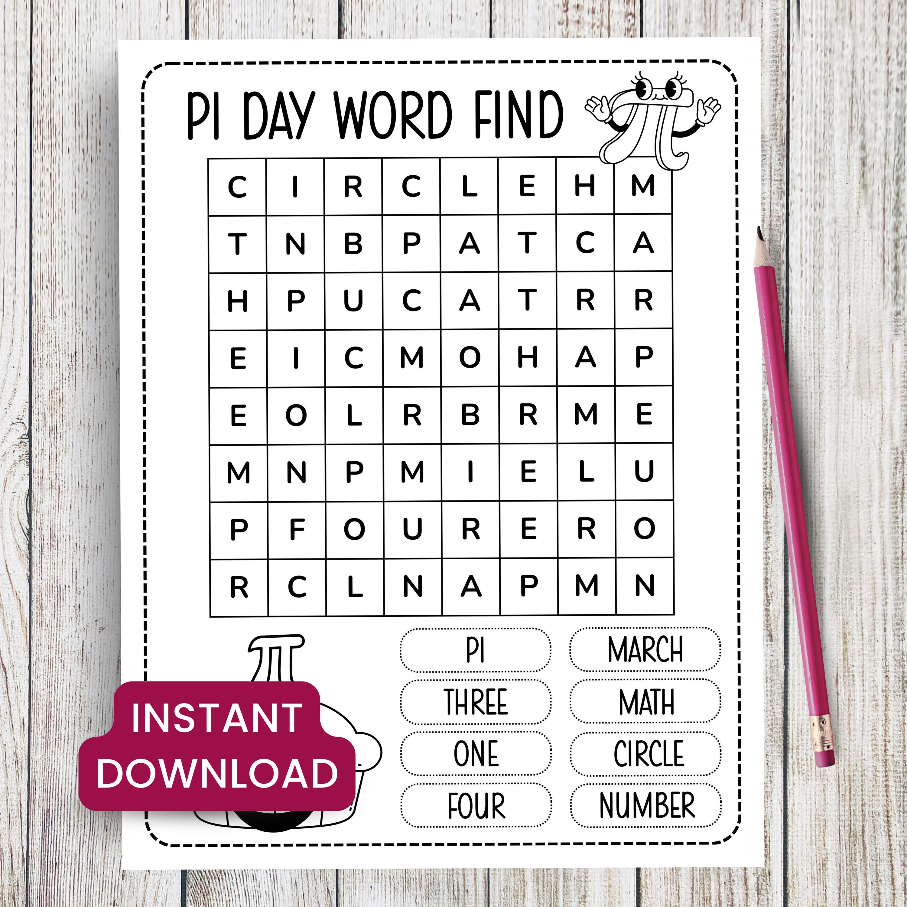 Pi Day Word Find, Word Search Printable, Pi Day Activity for Kids ...