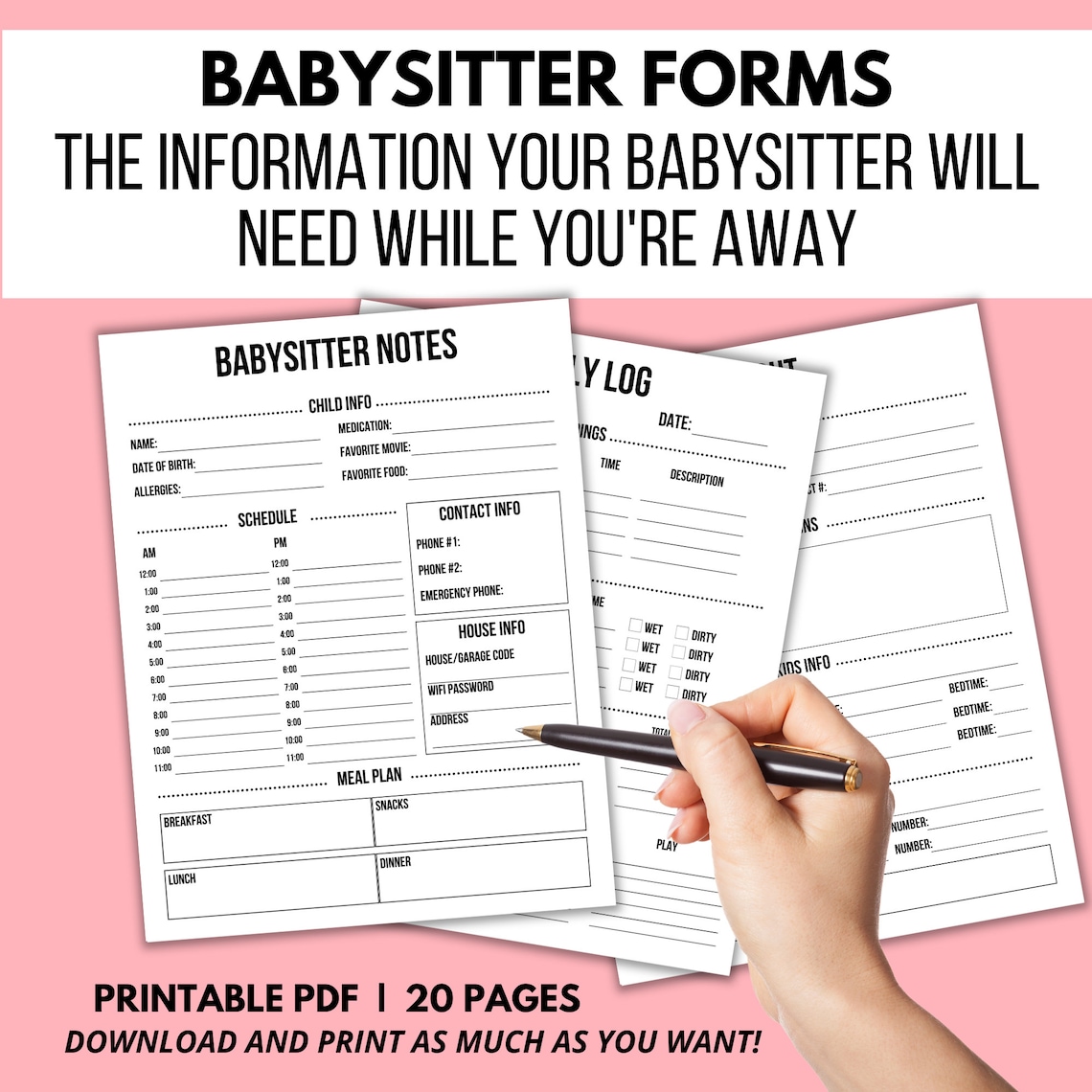 Babysitting Forms, Checklist, Information Sheets, Planner Schedule ...
