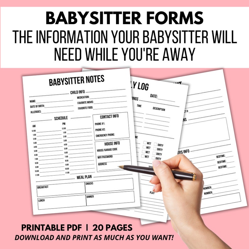Babysitting Forms, Checklist, Information Sheets, Planner Schedule ...