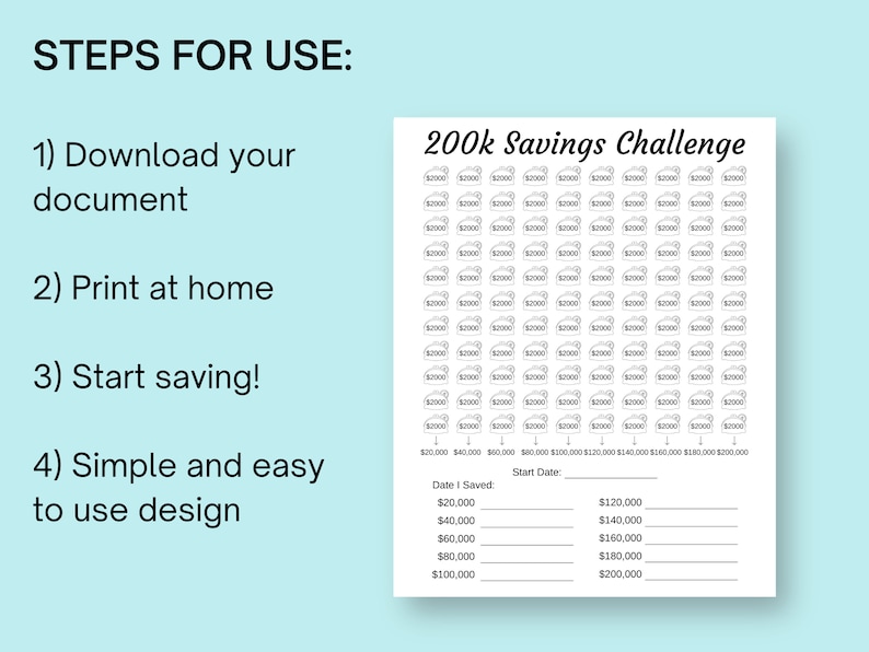 200k Savings Challenge Printable PDF, 200 000 Money Savings Tracker Log ...