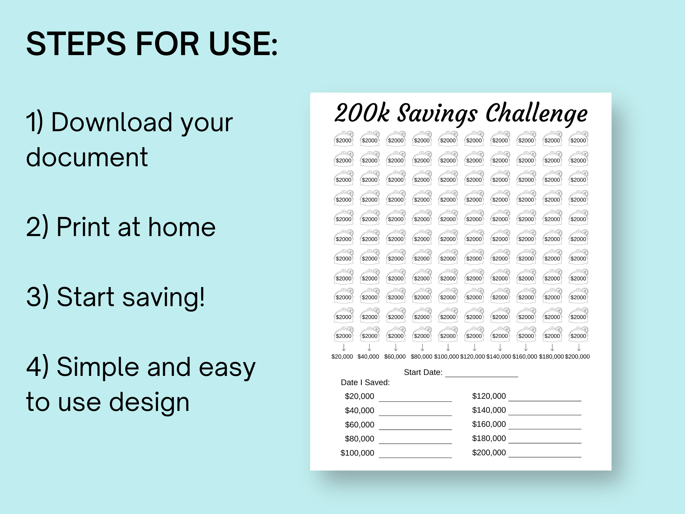 200k Savings Challenge Printable PDF, 200 000 Money Savings Tracker Log ...