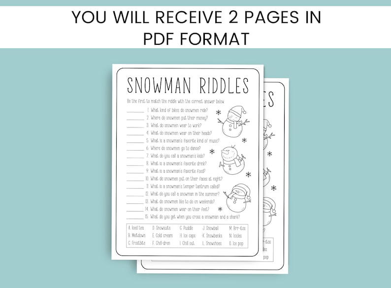 Snowman Riddles, Winter Activities Printable, Riddle Me This, Game for ...