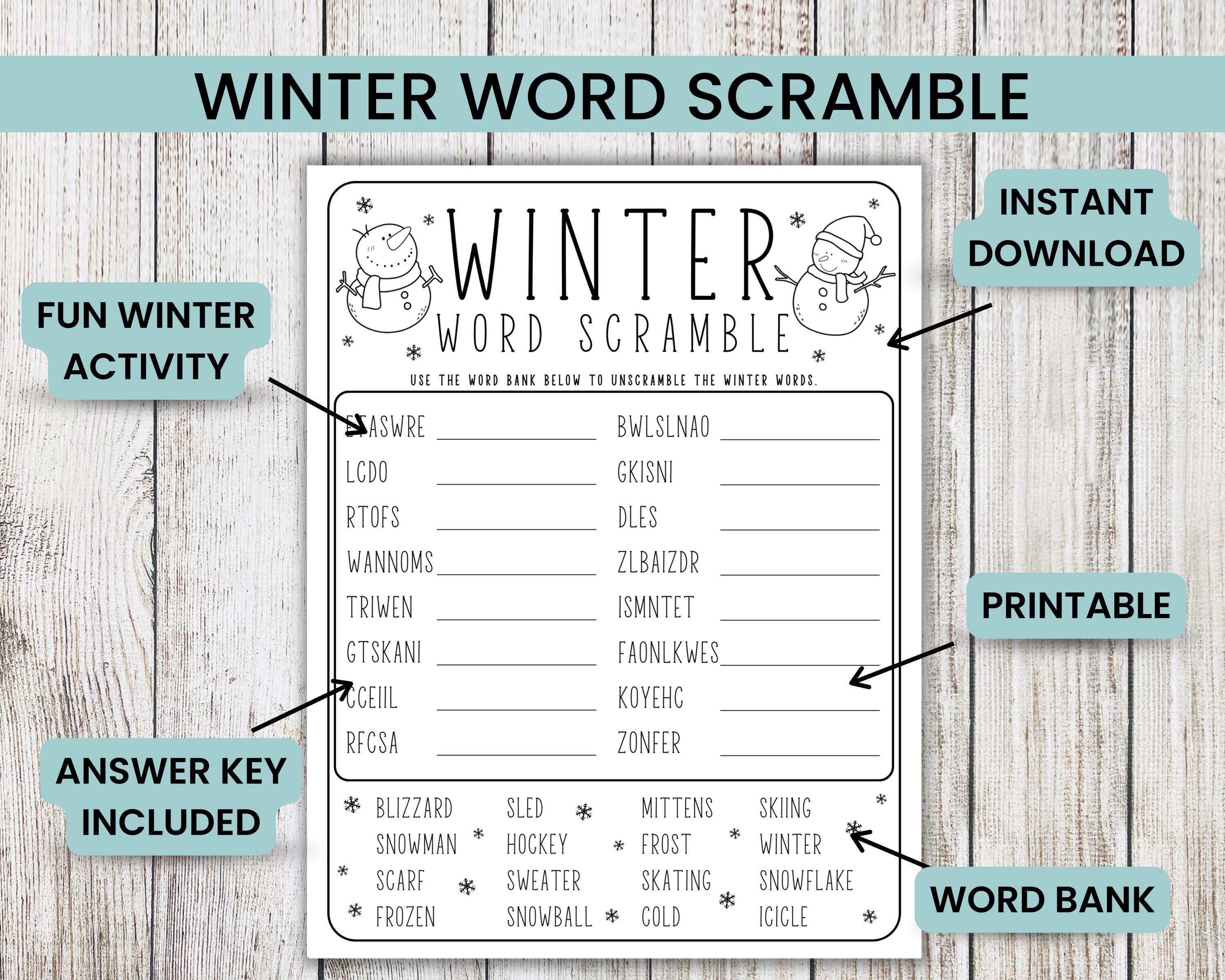 Winter Word Scramble Printable Game, Winter Games for Kids, Winter ...