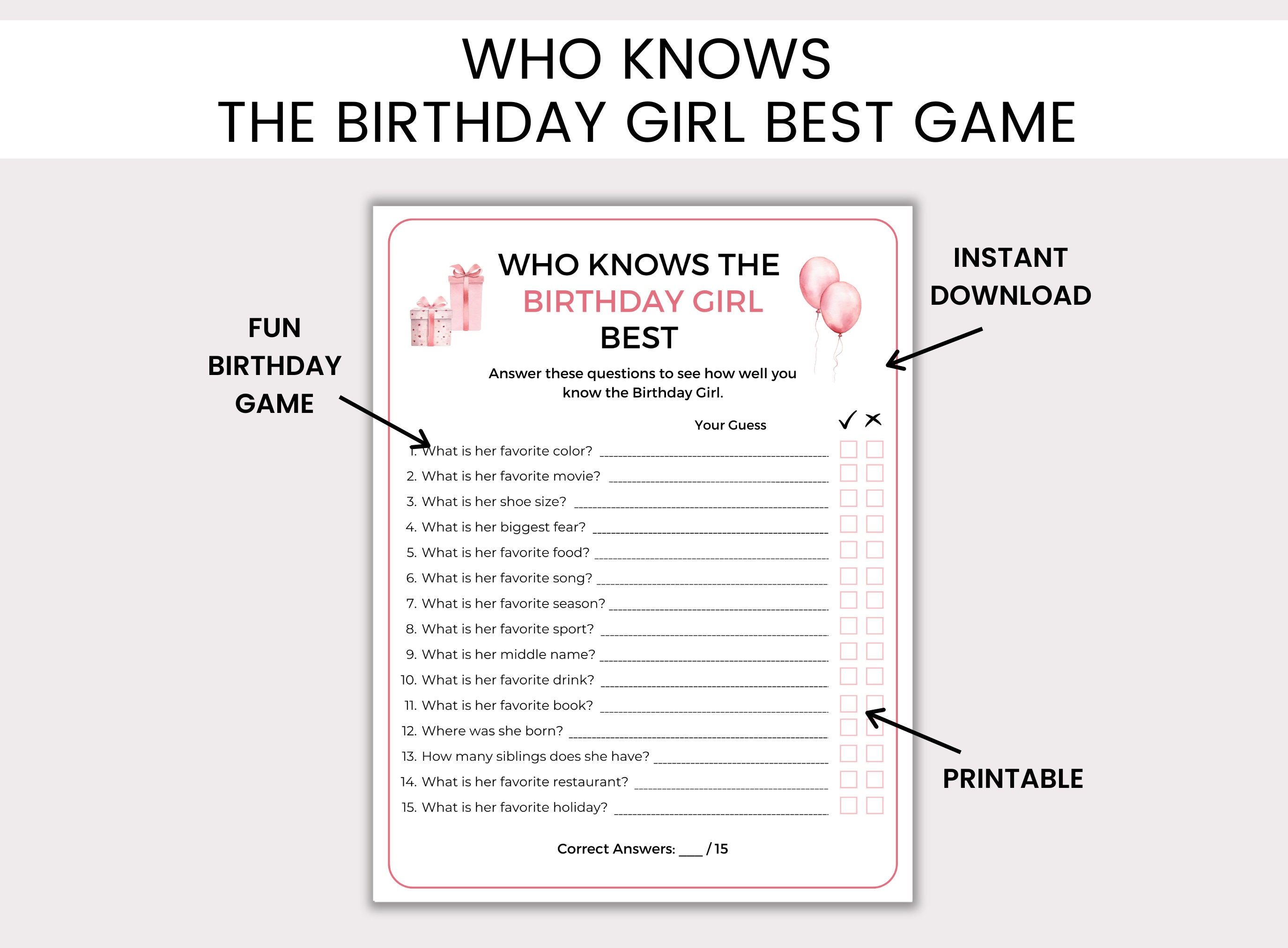 Quién conoce a la cumpleañera Mejor juego imprimible, Juegos de fiesta ...