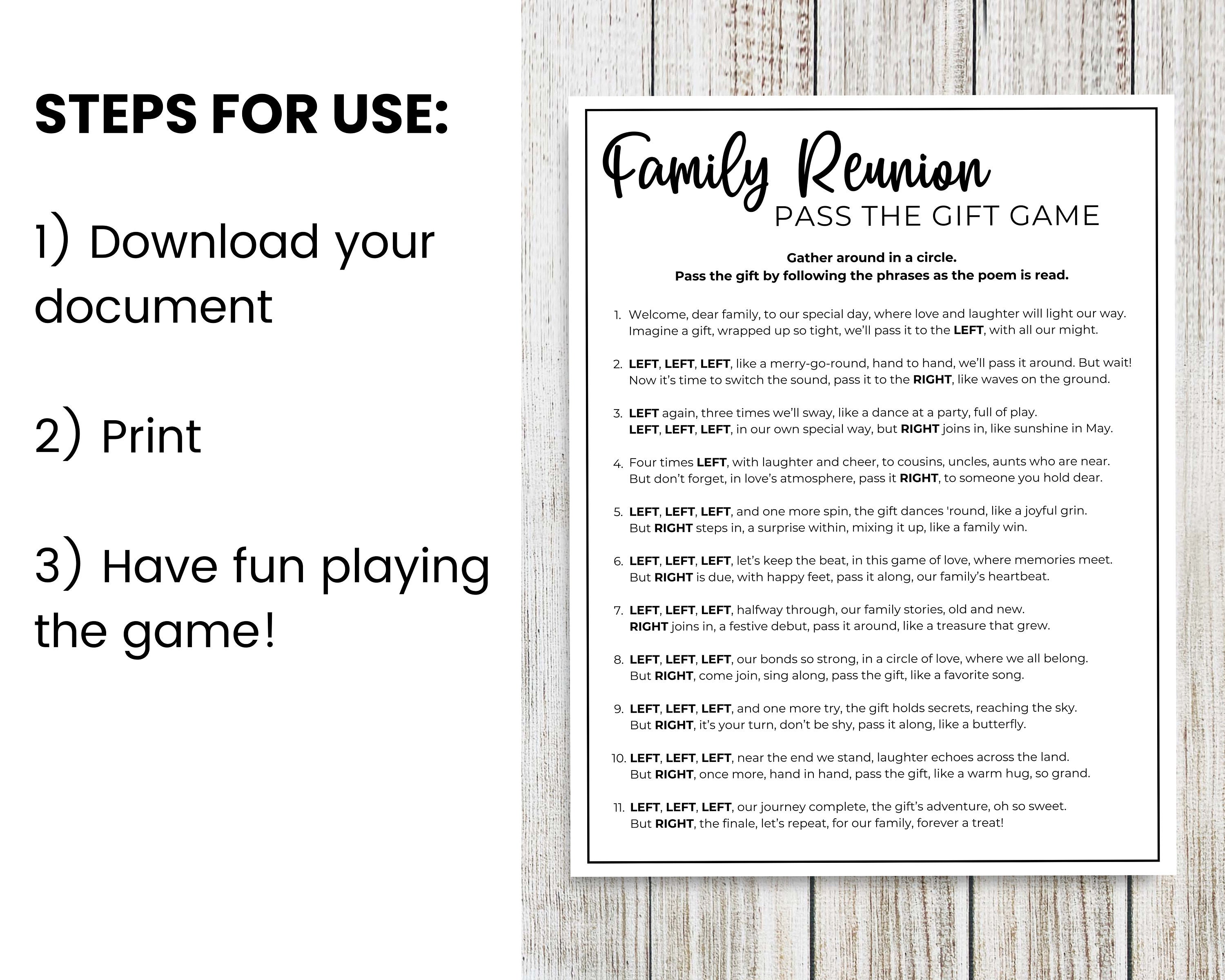 Family Reunion Games, Pass the Gift, Left Right Poem, Reunion Activity ...