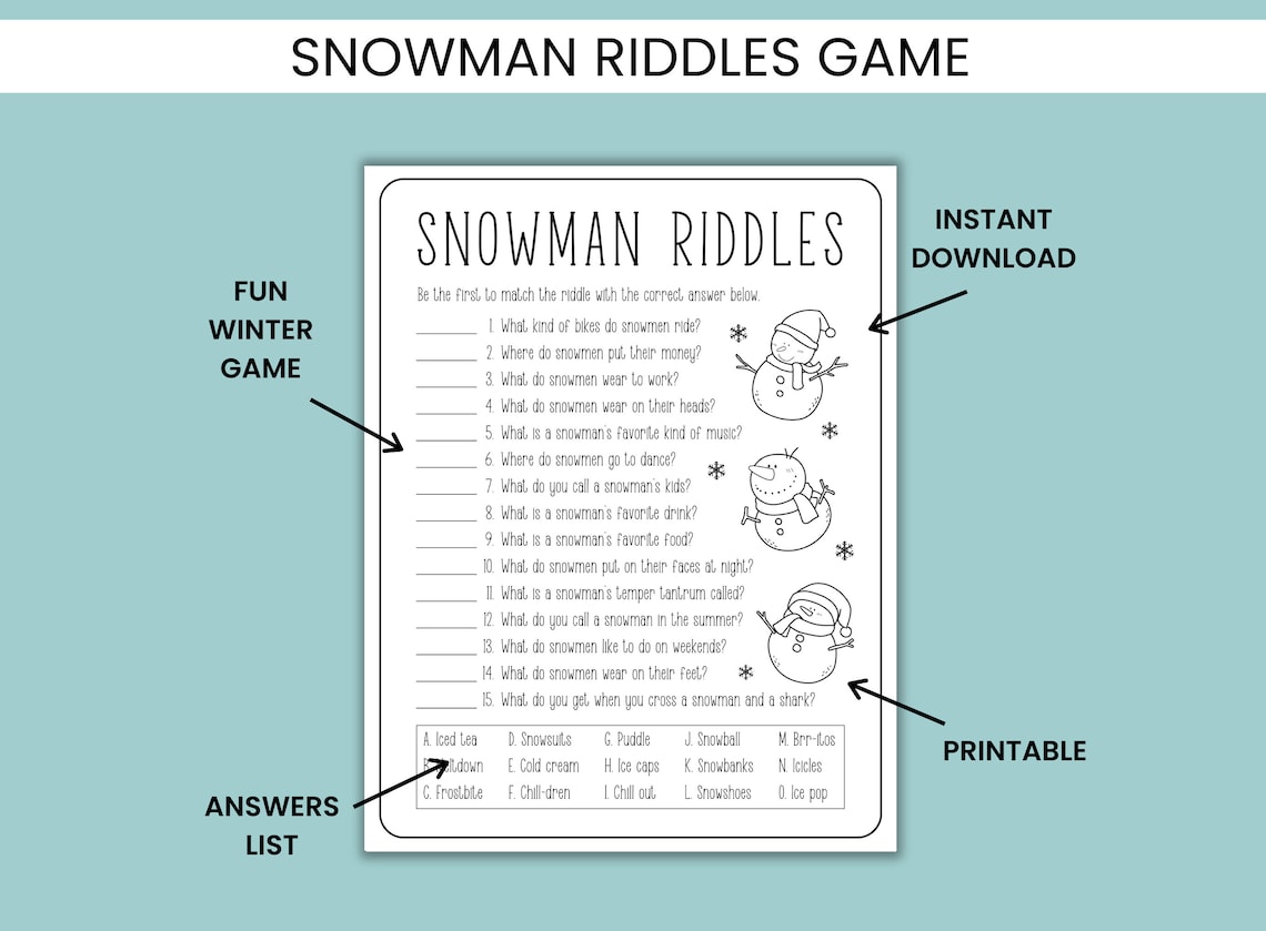Snowman Riddles, Winter Activities Printable, Riddle Me This, Game for ...